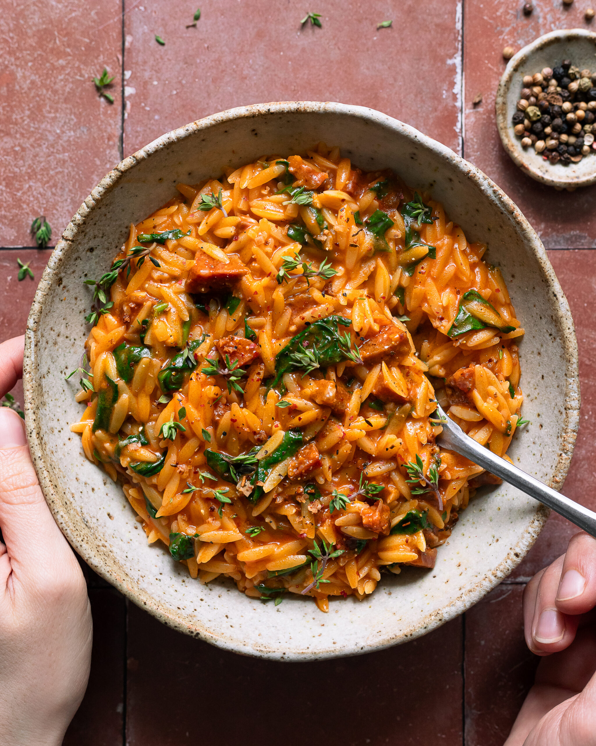 Orzo crémeux au chorizo, épinards et parmesan - Clemfoodie